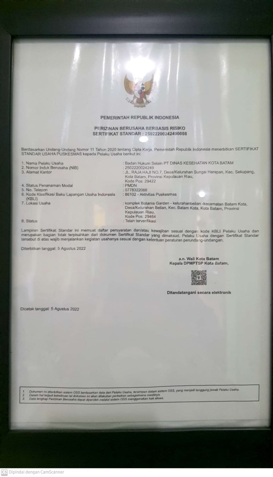 SURAT IZIN OPERASIONAL (SIO) – Puskesmas Botania Kota Batam